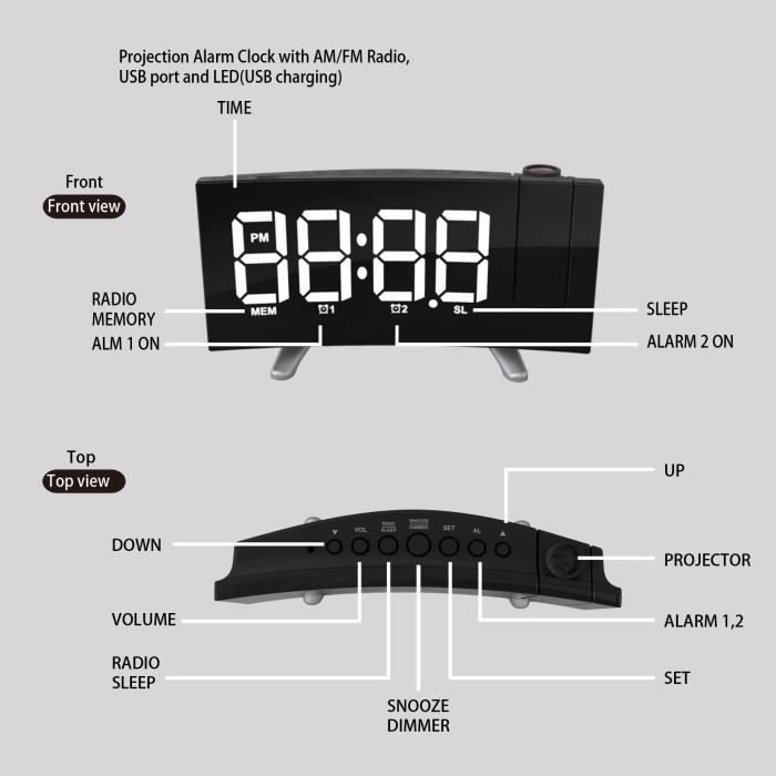 Radio Réveil Projection Plafond Alarme FM 4 Types de Sonnerie Rotation ...