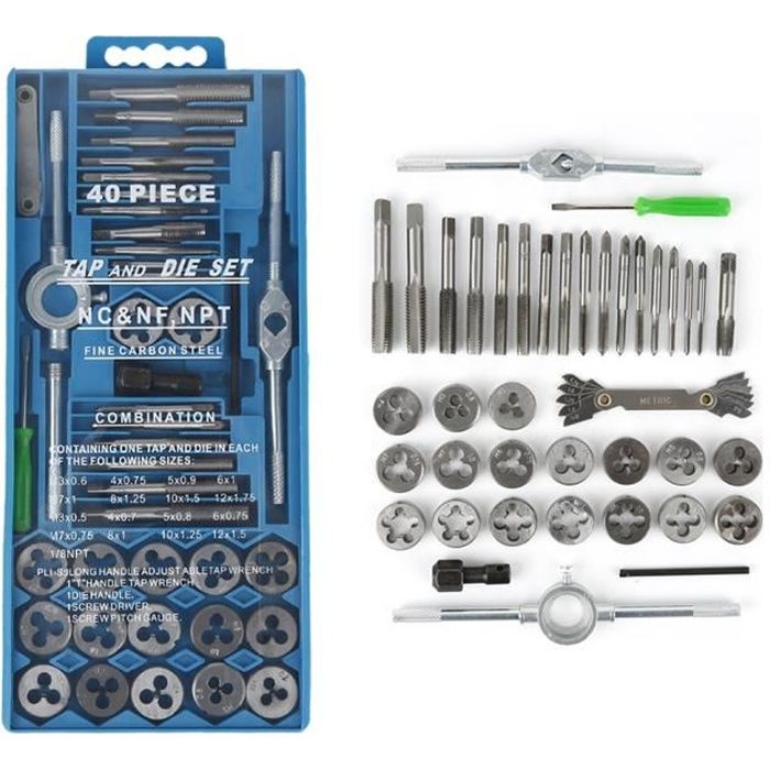 PERFECT Métriques Jeu de tarauds et filières 40 Pcs Set M3 à M12 Fiche de réparation de filetage ...