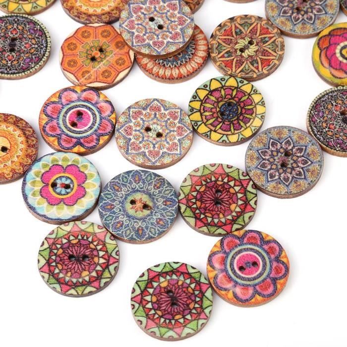 100 Pièces 25mm Boutons en Bois Vintage à Motifs Mixtes avec 2 Trous ...