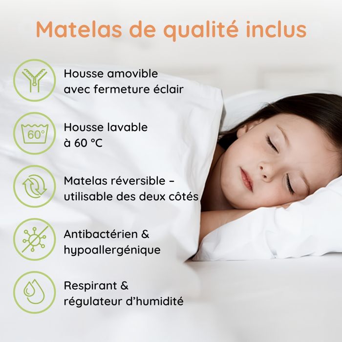 Lit au sol Montessori enfant 80x160 cm - Matelas inclus - Avec barrière ...