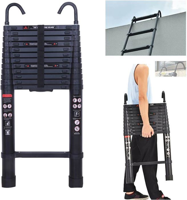 Échelle télescopique de 5 m avec crochet amovible - Multifonction - Pour grenier, toit d ...