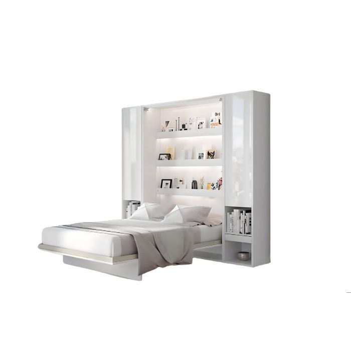 Lit escamotable 160x200 blanc brillant avec 2 armoires et 2 tables de ...