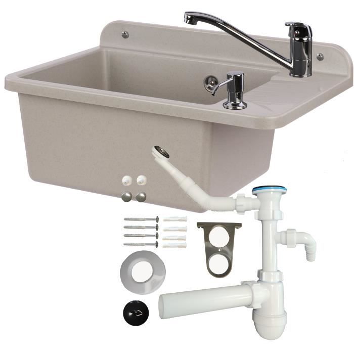 Lavabo plastique gris 51 cm avec siphonne tirette vidange, robinet ...