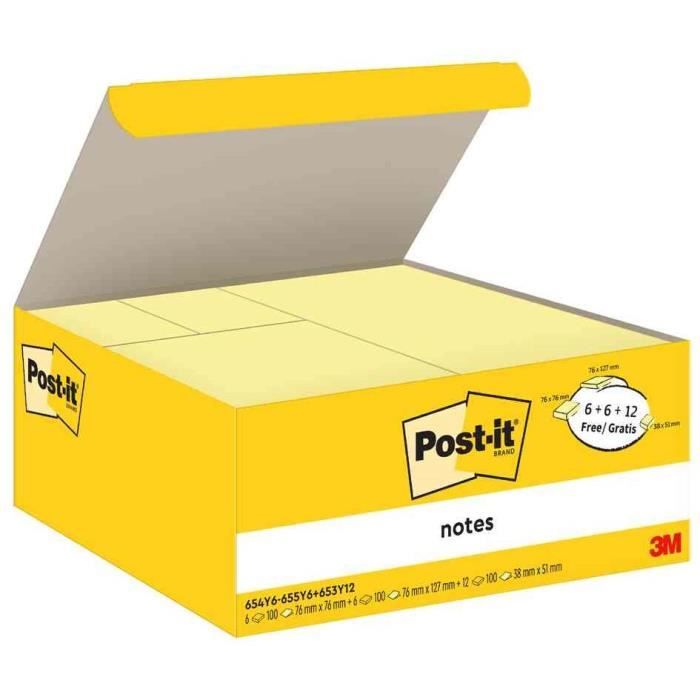 Bloc-note adhésif - POST-IT - Pack avantage - Jaune - 100 feuilles - 3 ...