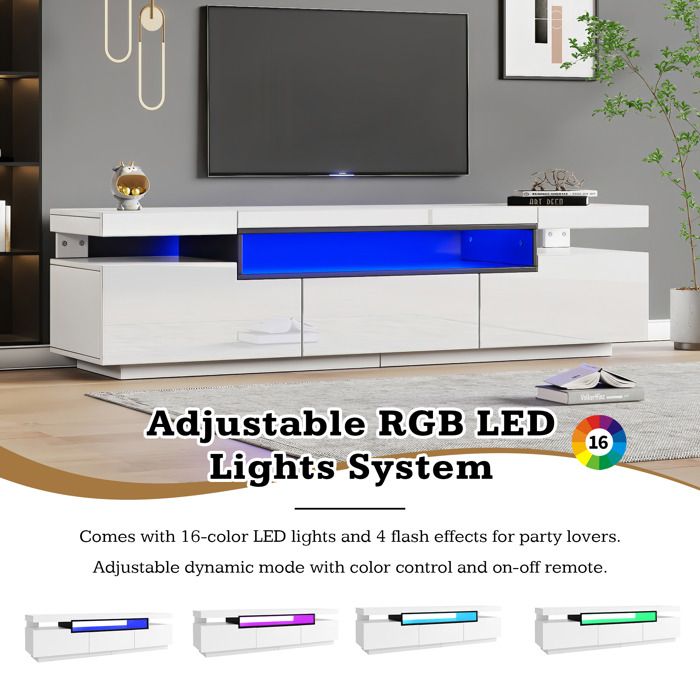 Banc TV Moderne - Meuble TV 160x39x42 cm avec 3 Tiroirs et Éclairage ...