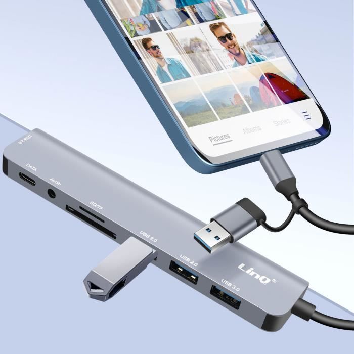 Hub USB - LinQ - OTG 8 en 1 - 5 Gbps - Lecteur SD/TF - Audio Jack 3.5mm ...