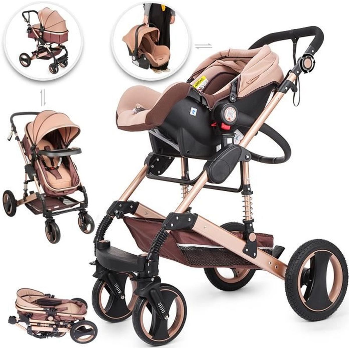 Poussette de Bébé - VEVOR - 3 en 1 Poussette Luxe Pliable Landau avec ...