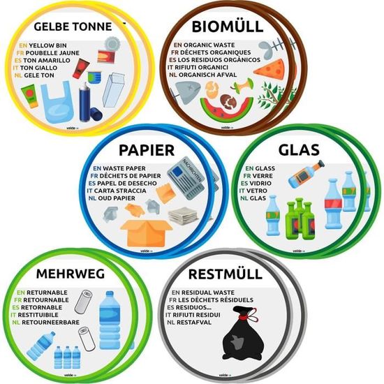 Lot de 12 autocollants de tri sélectif multilingue - 95 mm ...
