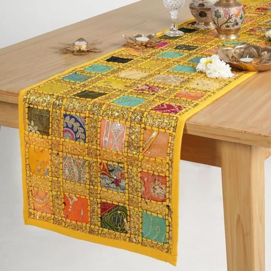 Chemin De Table Patchwork - Rajasthani Décoratif Brodé À La Main Coloré Coton Jaune Café Style ...