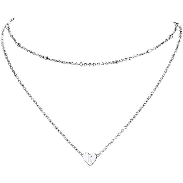 Collier 2 Rangs Femme Coeur Initiale en Acier Inoxydable-Plaqué Or ...