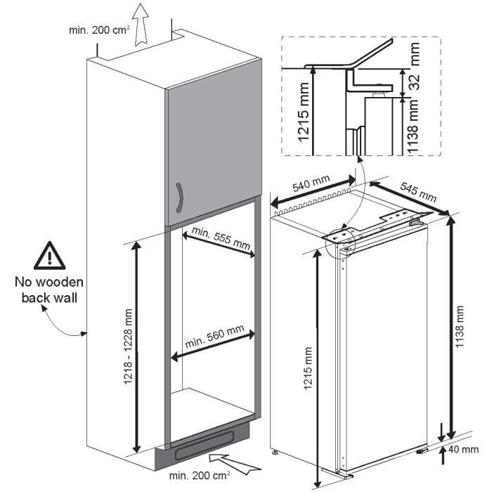 Réfrigérateur - BEKO - 1 porte - Encastrable - 198 L - 54 x 54,5 x 121 ...