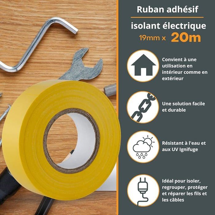 Ruban isolant électrique jaune 19mm x 20m, sécurité installations ...
