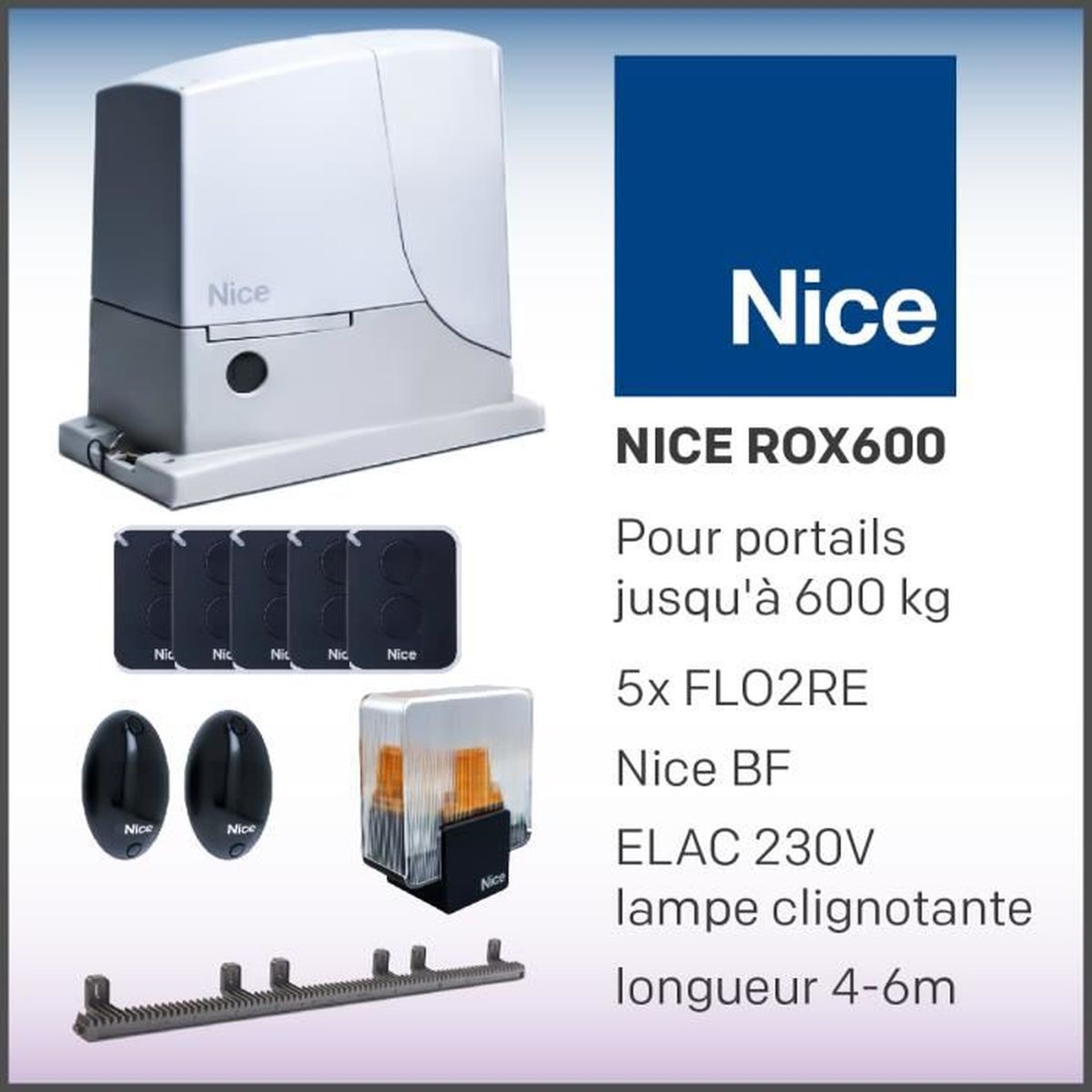 Kit pour l'automatisation de portails coulissants jusqu'à 600 kg de longueur 4-6m NICE ROX600KLT ...