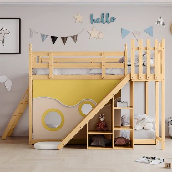Lit Superposé Enfant Dripex Avec Toboggan Et étagères 90x200cm Pin