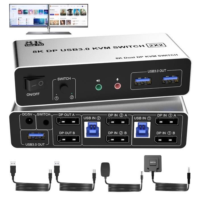 8K Usb 3.0 Dual Monitor Displayport Kvm Switch 2 Monitors 2 Computers ...