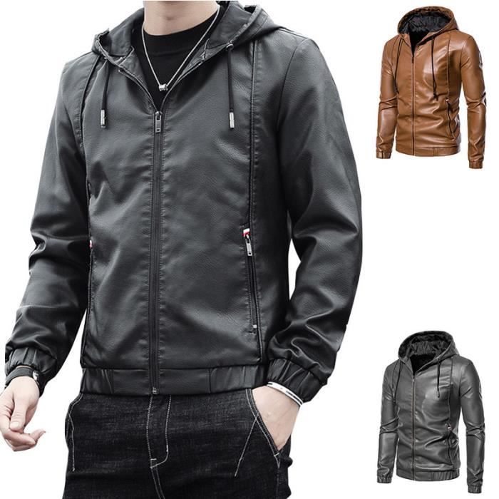 Veste Homme en Cuir à Capuche Casual Mi-saison Uni Confortable Veste en ...