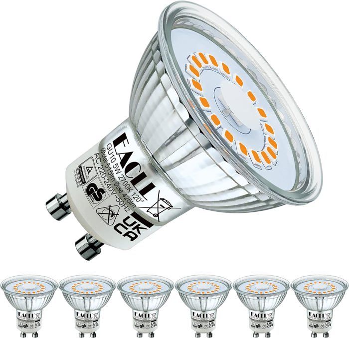 Ampoule LED GU10 Blanc Chaud 5W quivalent Lampe Halogne 55W Lot de 6 425 Lumens 2700K Non ...