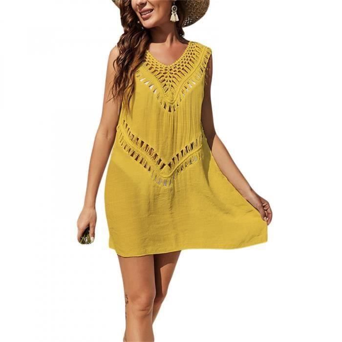 Femme Plage Courte Cache Maillot de Bain sans Manche Robe de Plage Femme Été Poncho Femme Plage ...