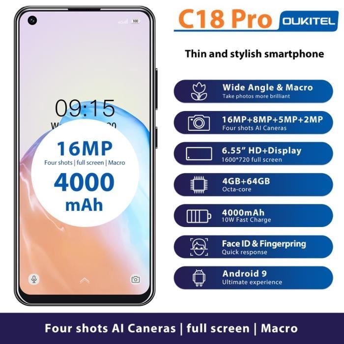 Oukitel C18 Pro Android 9,0 MTK6757 OCTA CORE Smartphone 6.55 "HD 4G RAM 64G ROM 16MP 4 Caméras ...