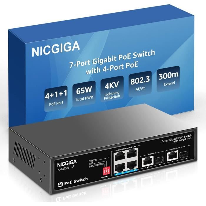 7 Port Gigabit PoE Switch Unmanaged with 4 Port gigabit PoE 2 Uplink, 1 ...