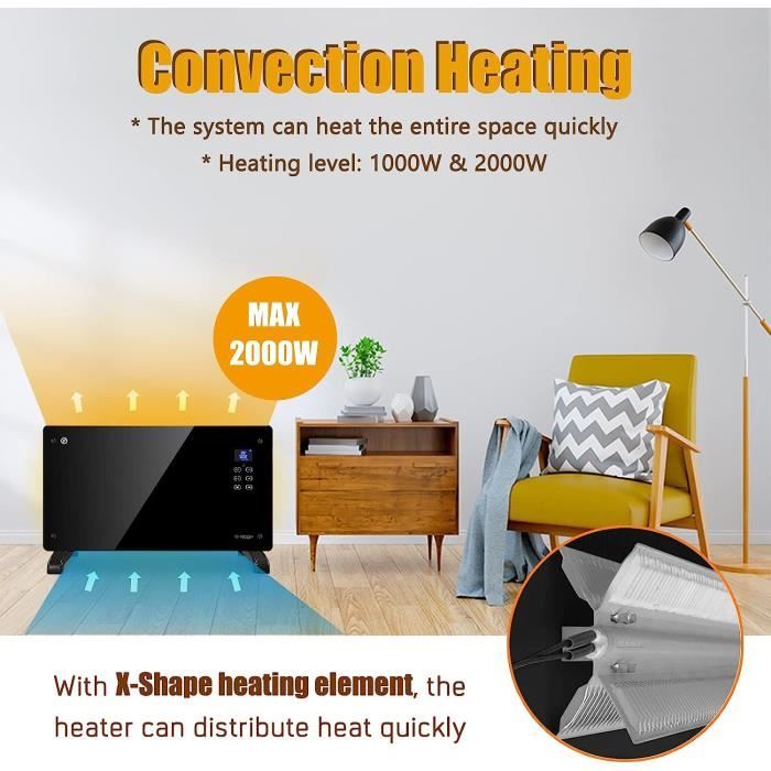 GREADEN Radiateur Convecteur en Verre Électrique 2000W, Chauffage à ...