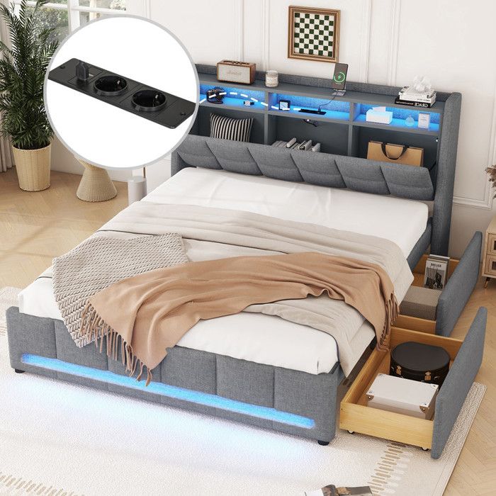 Lit double 160 x 200 cm en Lin avec Éclairage LED et prises USB,lit adulte 2 personnes avec ...