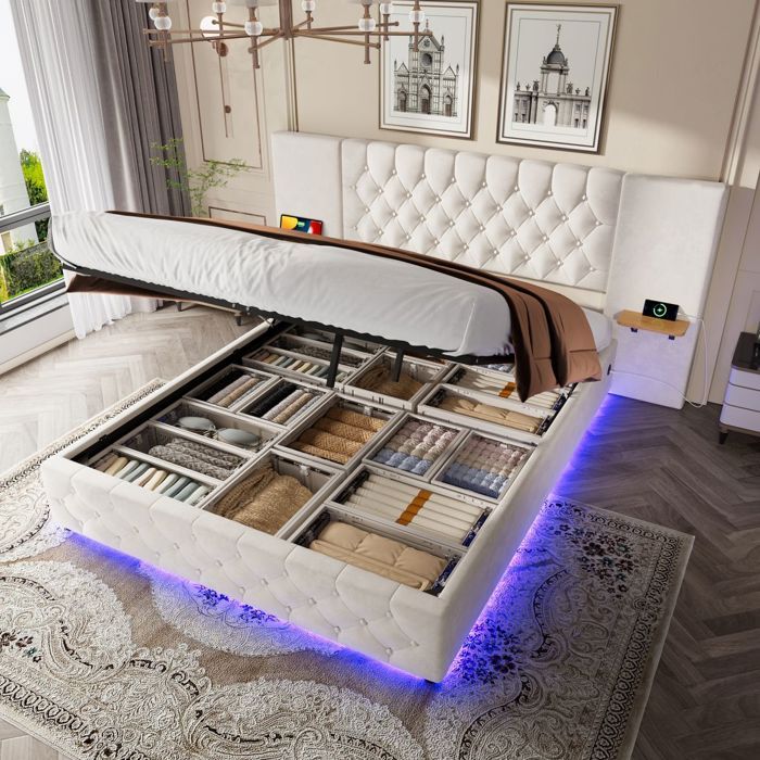 Lit Double 160x200cm - Cadre Moderne Avec Tête De Lit LED, USB ...