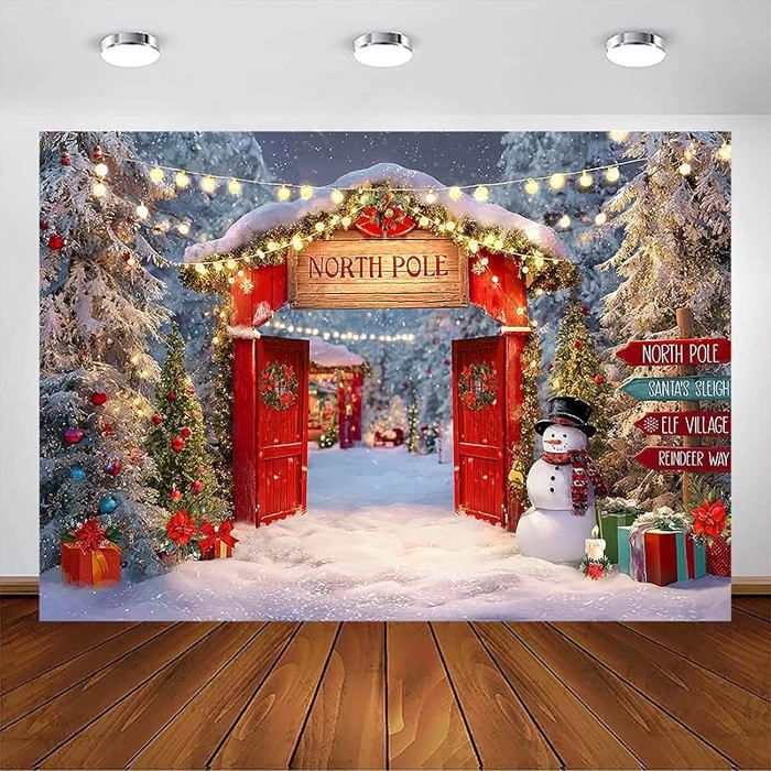 Toile de fond de Noël, forêt enneigée, porte de grange en bois, pôle ...