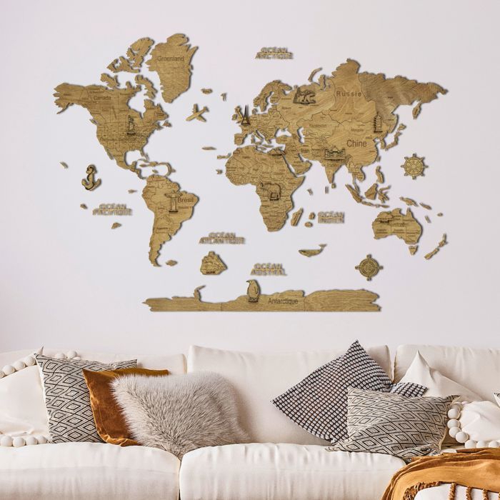 Carte du monde en bois 2D Foncée M (100*70 cm) Creatifwood - Décoration ...