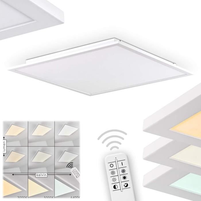 Plafonnier LED Salmi à intensité variable par télécommande incluse, panneau lumineux carré blanc ...