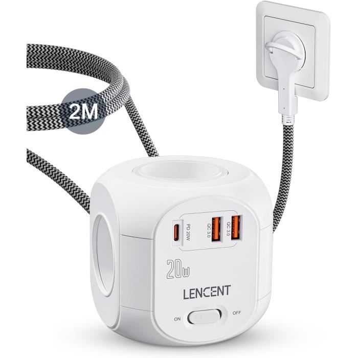 Cube Rallonge Multiprise Fiche Plate Amélioré Pd 20W 2M Avec 4 Prises ...