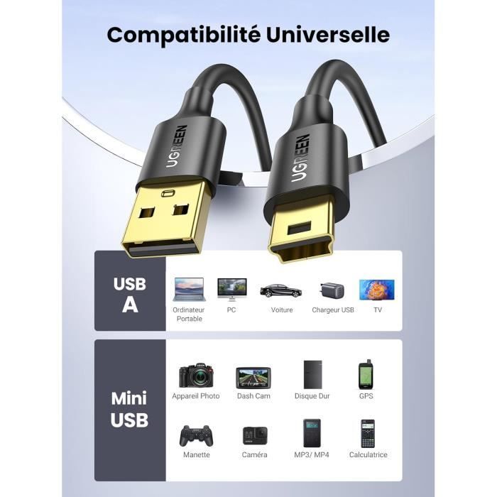 Câble Mini USB Câble USB 2.0 Type A vers Mini B Charge et Sync ...