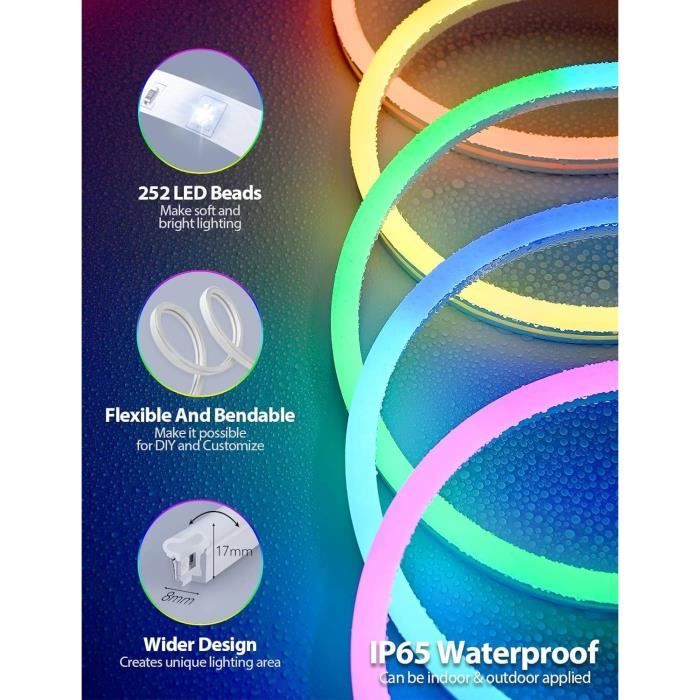 Ruban Led Néon 2M Bluetooth Avec Télécommande App, Bande Led Néon Rgbic ...
