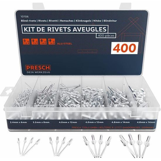 Presch Kit de Rivets aveugles 400 pièces - Jeu complet de rivet pop alm ...