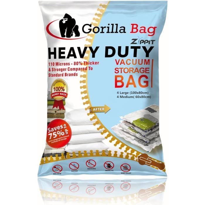 Gorilla Bags Lot De 8 Sacs De Rangement Sous Vide Très Résistants 4 Grands (100 X 80 Cm), 4 ...
