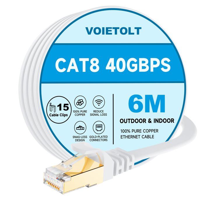 VOIETOLT CAT8 Câble Ethernet 6M, 40Gbps/2000Mhz Haut Débit Gigabit RJ45 ...