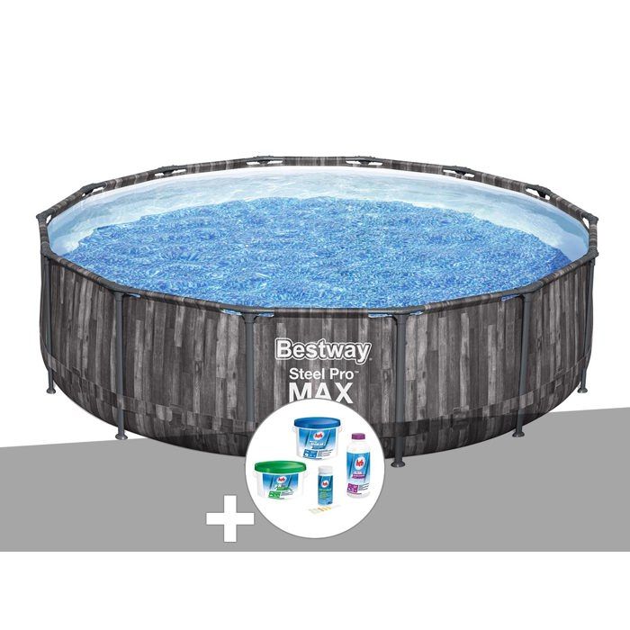 Kit piscine tubulaire ronde Bestway Steel Pro Max décor bois, 4,27 x 1,07 m + Kit de traitement ...
