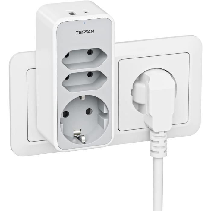 Multiprise murale, multiprise avec 3 prises, 1 USB et 1 USB C ...