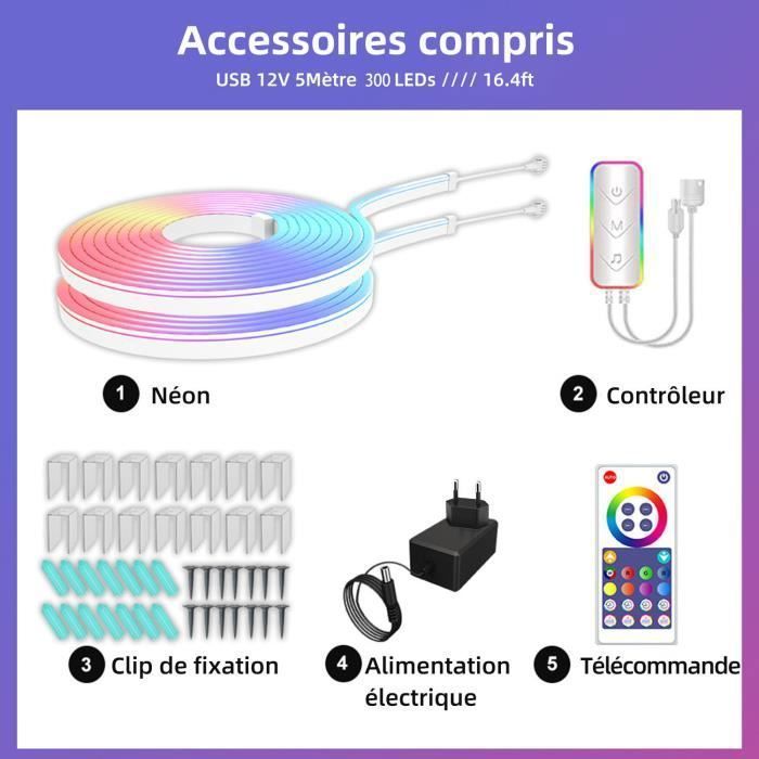 Ruban LED Neon 5M RGBIC avec 300 LED, Controller Wifi AP, Contrôle Alexa, LED Multicolor pour ...