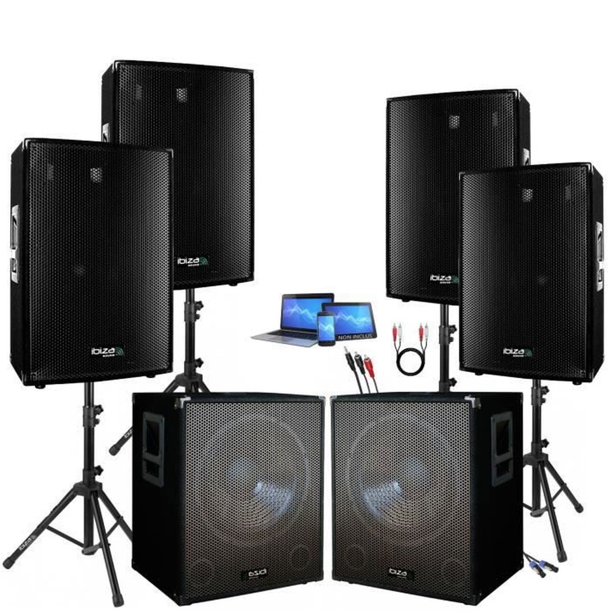 PACK SONO DJ AMPLIFIE 4000W de 2 CAISSONS + 4 ENCEINTES + 4 PIEDS ...