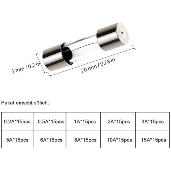WJMY Fusible Verre Kit d'assortiment de Fusibles en Verre à Fusion Rapide 5x20mm Cartouche en ...