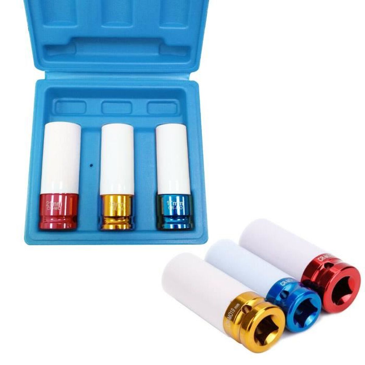 XMTECH Jeu de 3 douilles à chocs avec douilles de protection 17 - 19 - 21 mm, en acier chromé ...