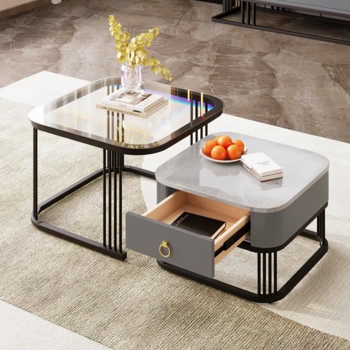 Table Basse à Tiroir 2 Pièces Avec Aspect Marbre Brillant Et Plateau En