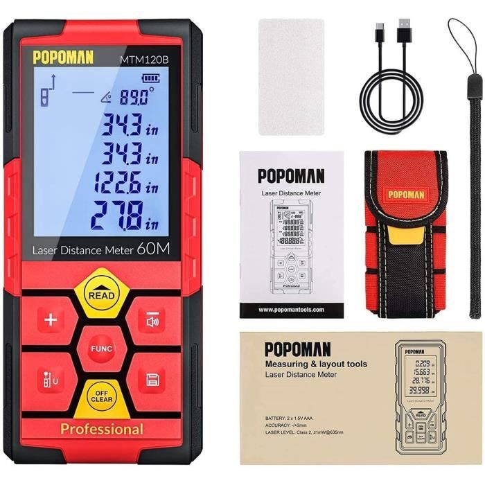POPOMAN Télémètre Laser 60m, 99 Données, 30mins Charge Rapide, Longueur ...