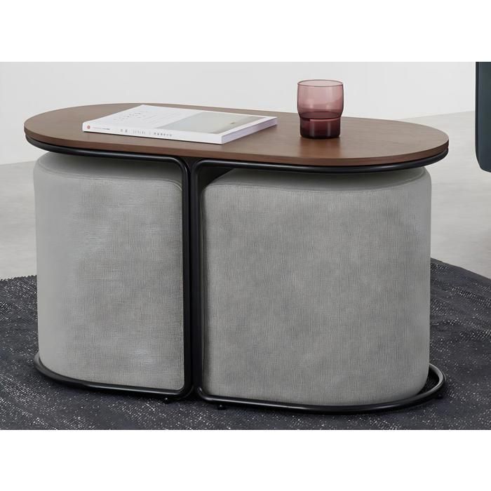 Table basse + 2 poufs en tissu - Naturel et gris - ADAR - Cdiscount Maison