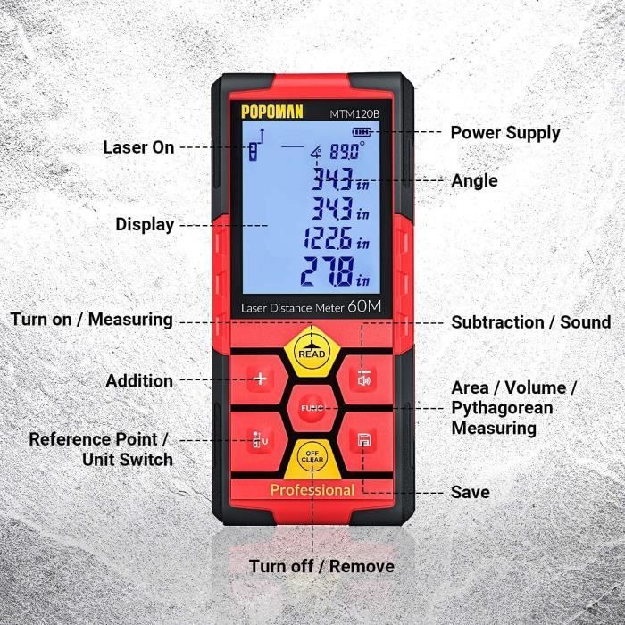 POPOMAN Télémètre Laser 60m, 99 Données, 30mins Charge Rapide, Longueur ...