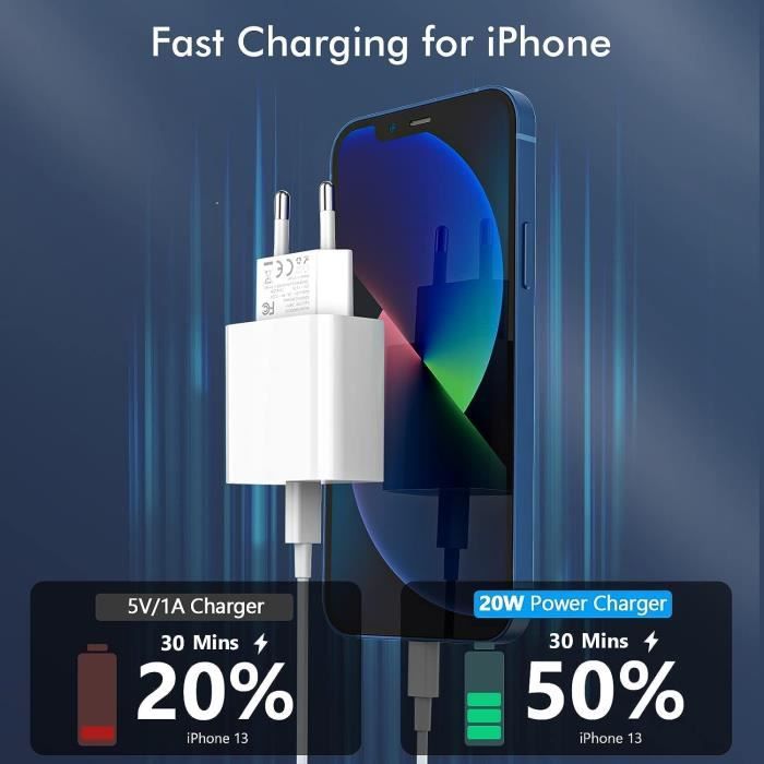 20W Usb C Chargeur Iphone Rapide Prise Avec Usbc Vers Lightning Câble ...