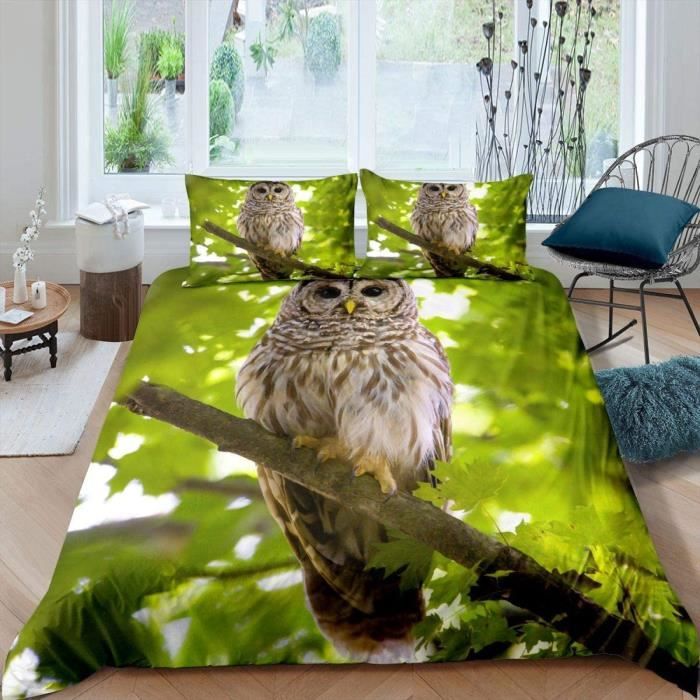 Housse de Couette - Chouette - 220x240 cm - Microfibre - Impression 3D - 2 Taies 65x65 cm ...