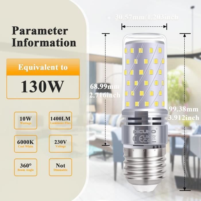 Ampoule Led E27, 10W Ampoule Maïs Led Équivalent 130W Lampe Halogène, Blanc Froid 6000K, 1400Lm ...