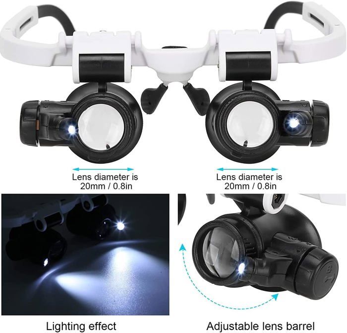 Lunette Loupe avec 2 Lumières LED Loupe Binoculaire Lampe Loupe Grossissante, 3 Lentilles ...